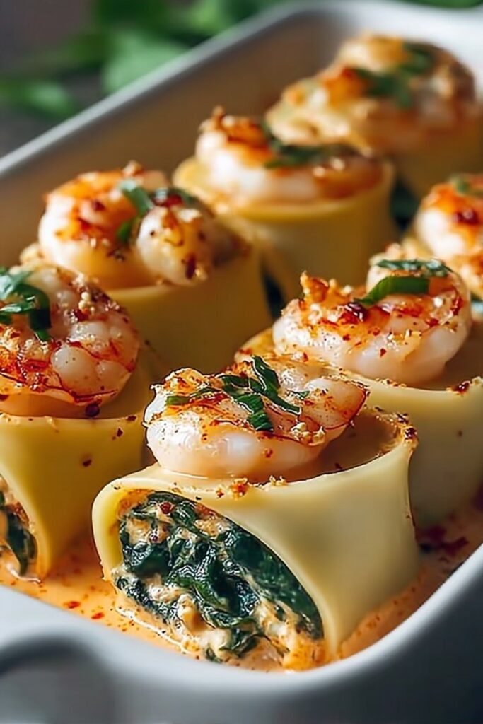 Shrimp and Spinach Stuffed Pasta Rolls with Roasted Red Pepper Cream ...
